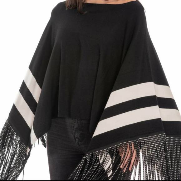 VECCELI | Jackets & Coats | New Vecceli Studded Fringe Cape In Black | Poshmark